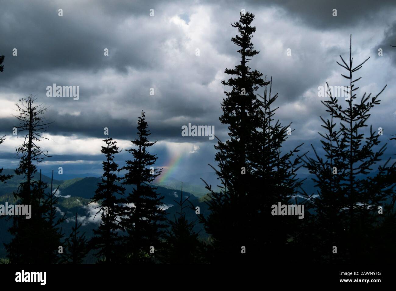 A rainbow breaks through the stormy sky at Timber Butte Cabin Lookout ...