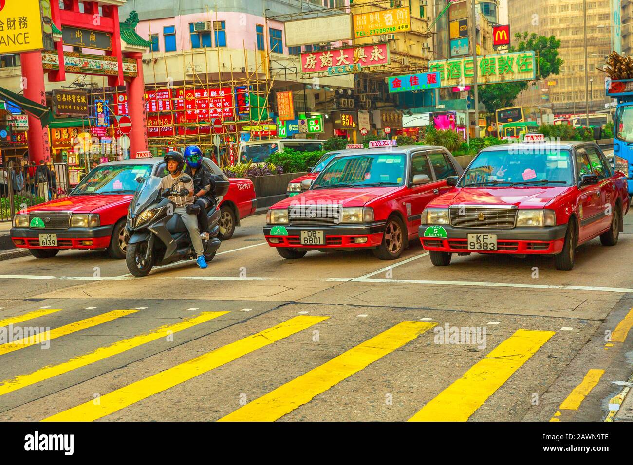 Hong Kong, China - December 5, 2016: red taxi cars in Jordan road and ...