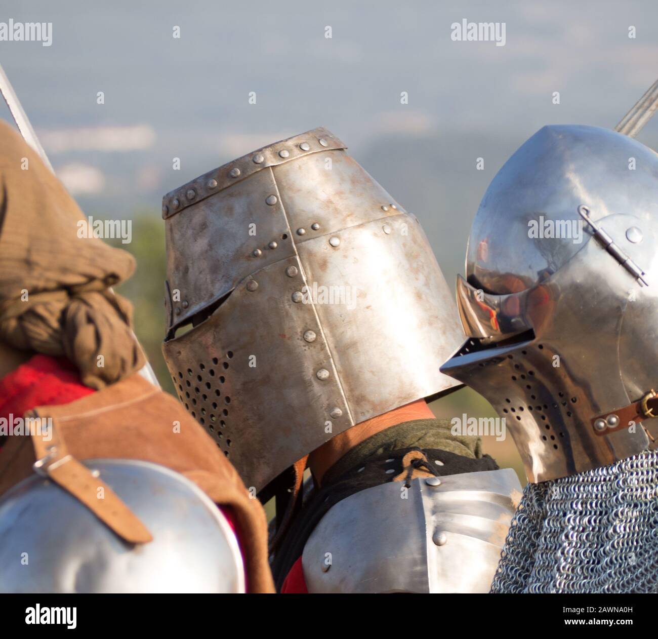 Group of Spanish medieval knights with helmets getting ready for a ...