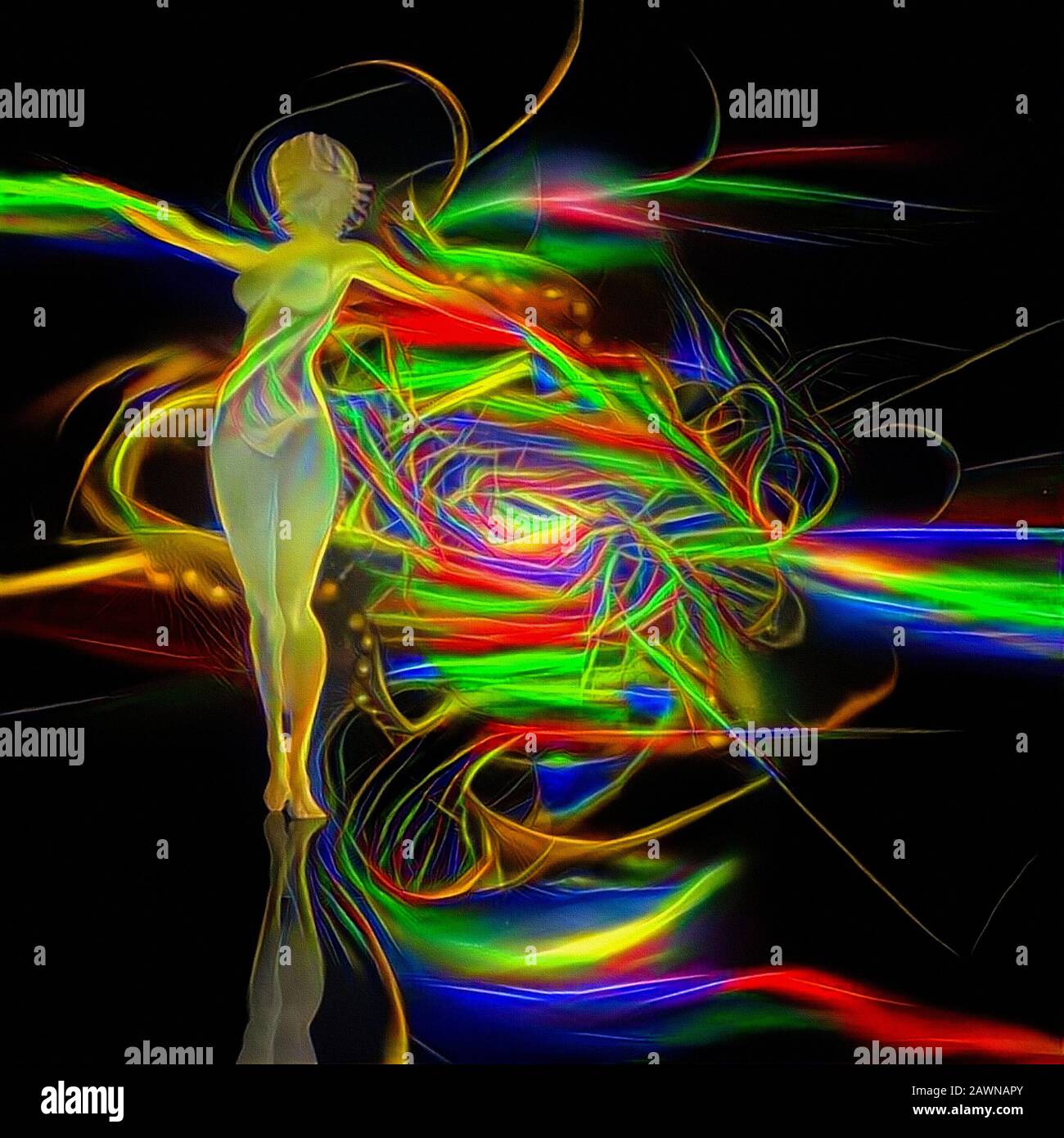 Woman in action pose statue. Colorful swirling lights Stock Photo - Alamy