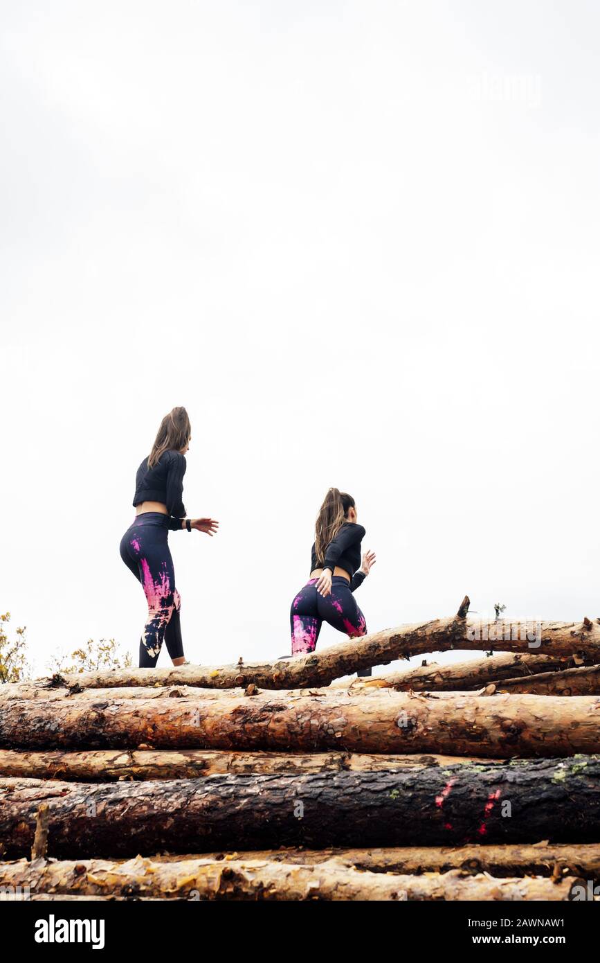 Beautiful athletic female twins training on a pile of tree logs in the ...