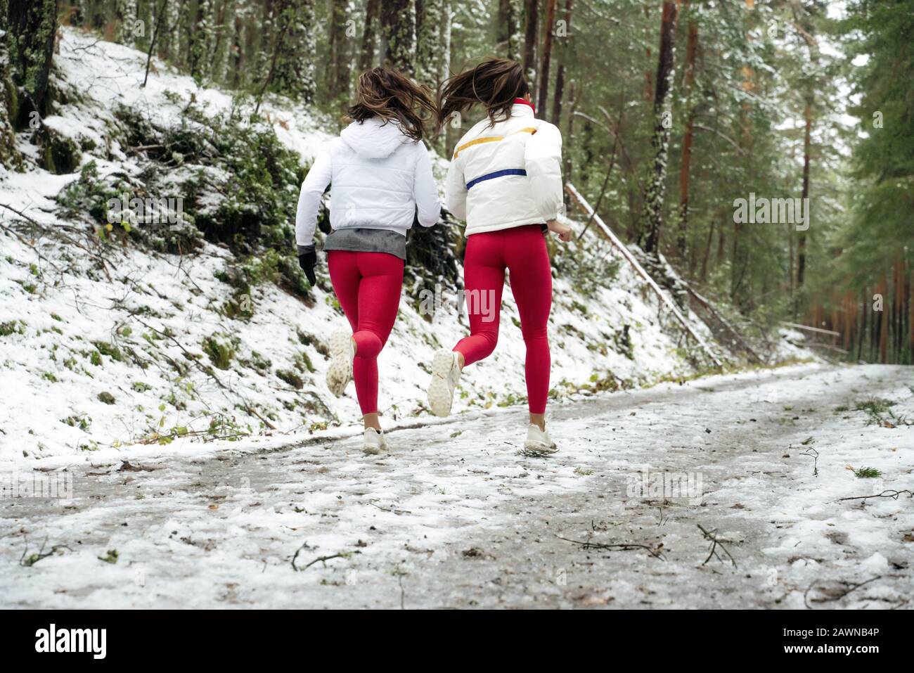 Athletic female twins running in a forest covered with snow in the ...