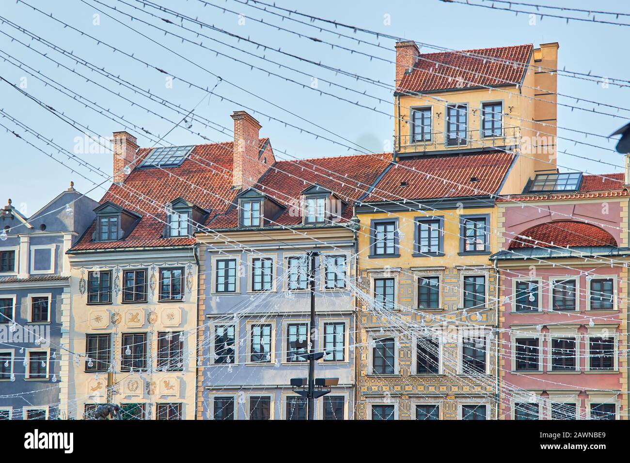 Buildings fasade, rebuild after WWII in Warsaw old town square, Poland ...