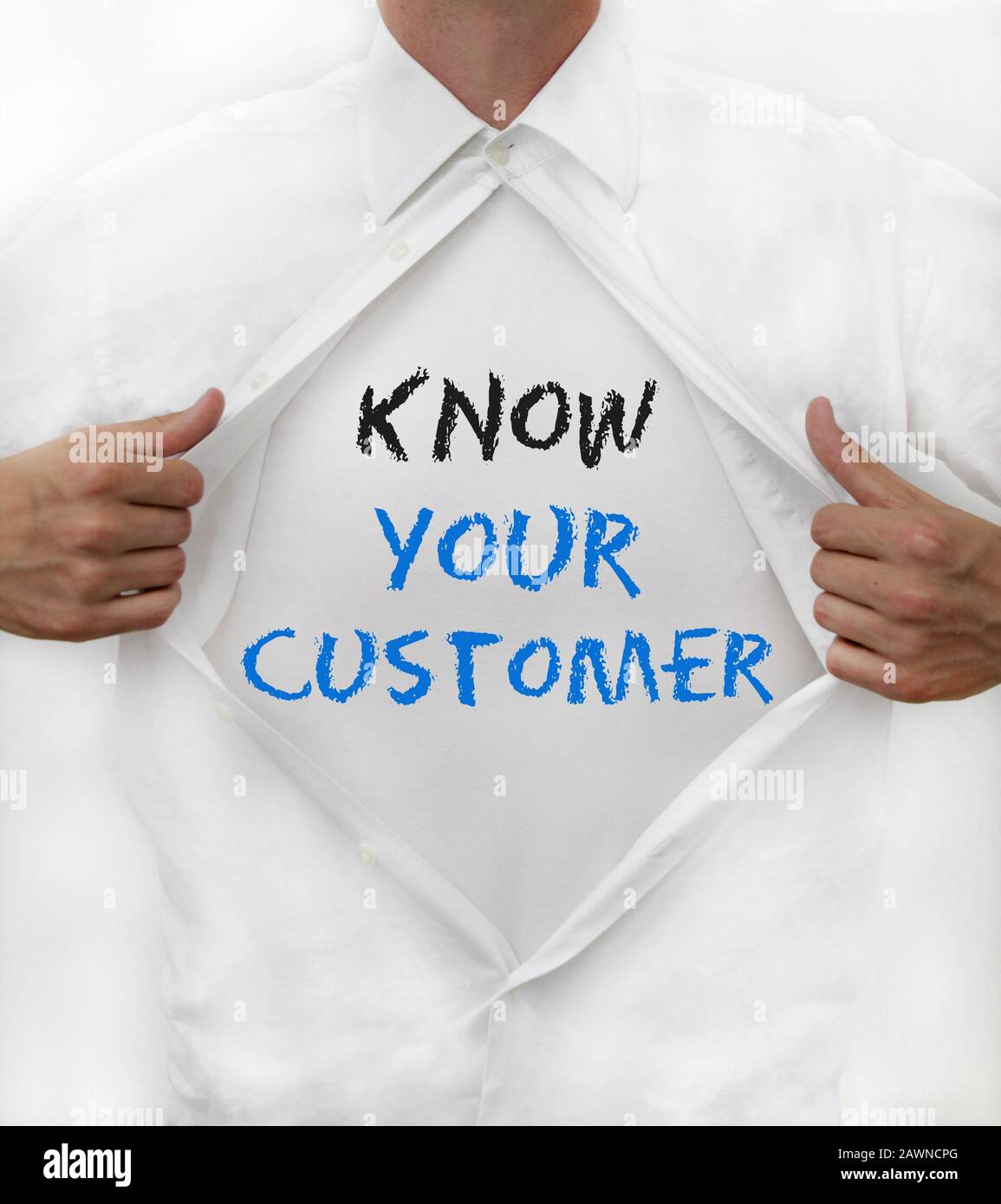 Man ripping his shirt off with a know your customer text printed on his ...
