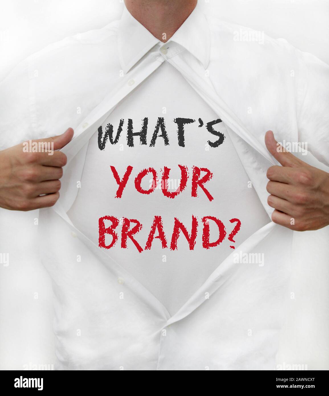 Man ripping his shirt off with a what's your brand text printed on his ...