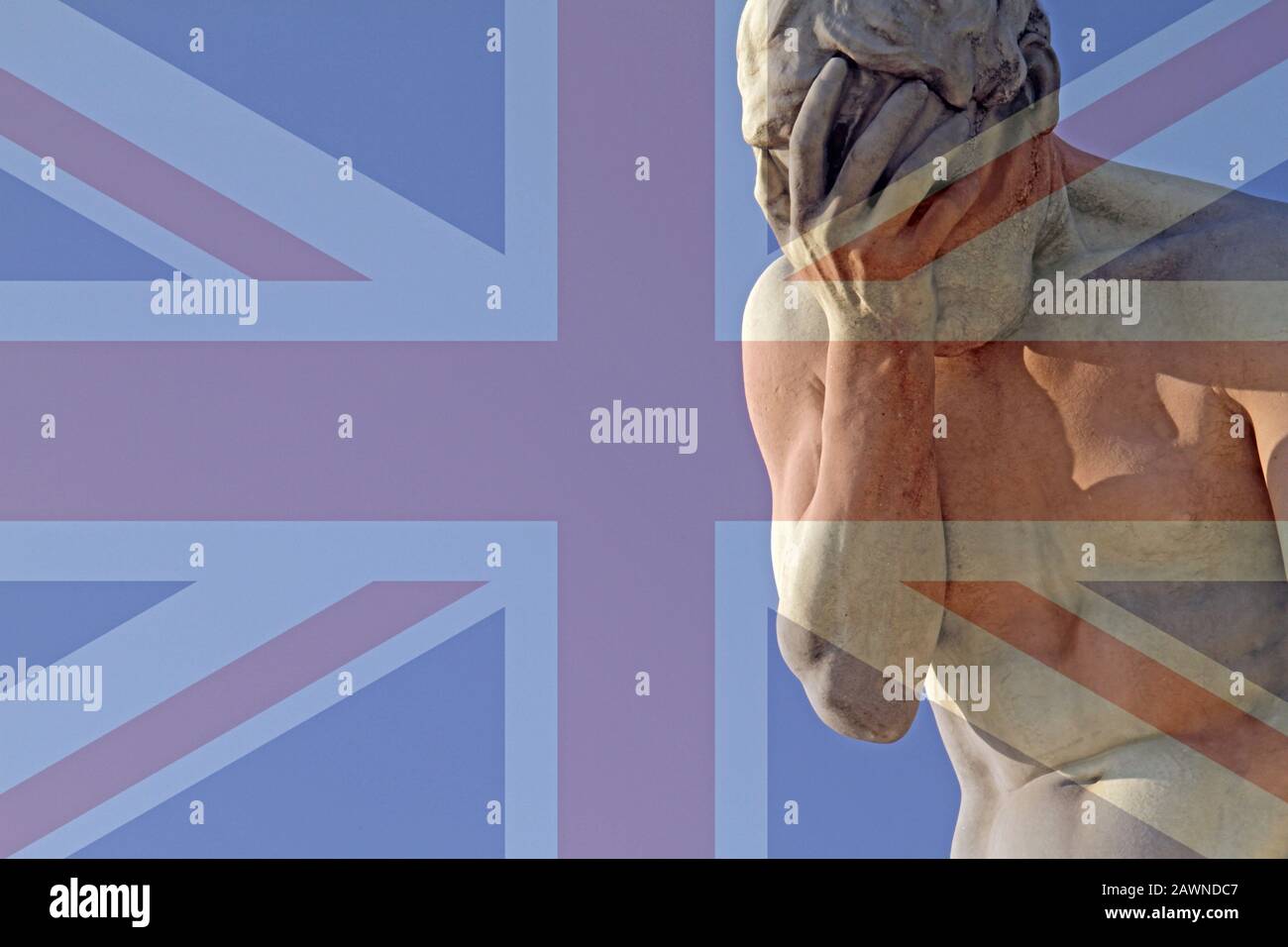 Statue of a man showing disappointment reflected on the flag of the UK ...