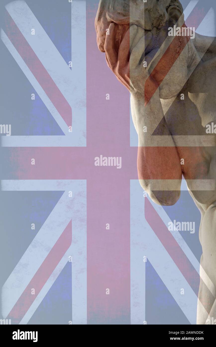 Statue of a man showing disappointment reflected on the flag of the UK ...