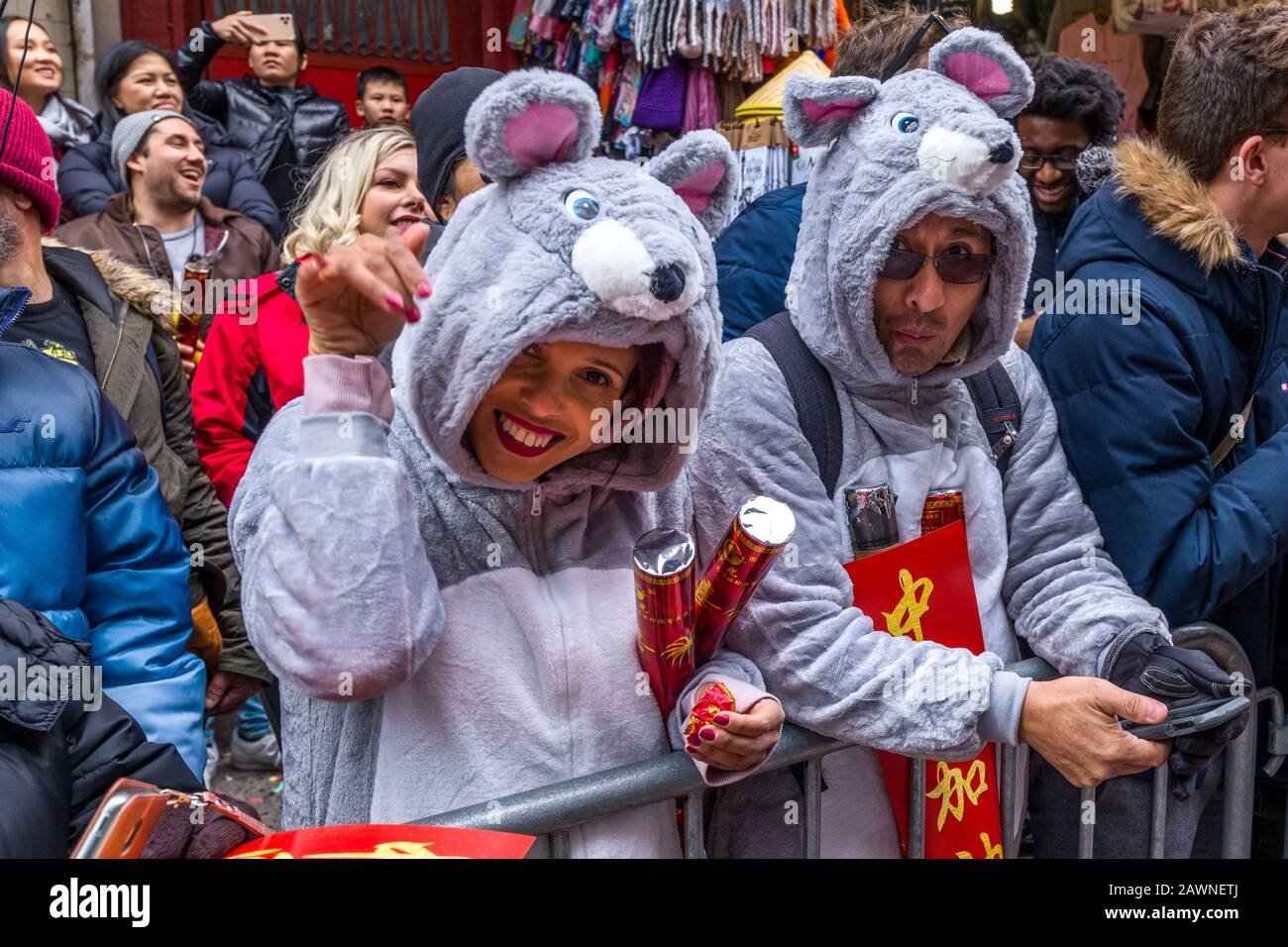 New York, USA. 9th Feb, 2020. A couple wear rat costumes as they attend ...