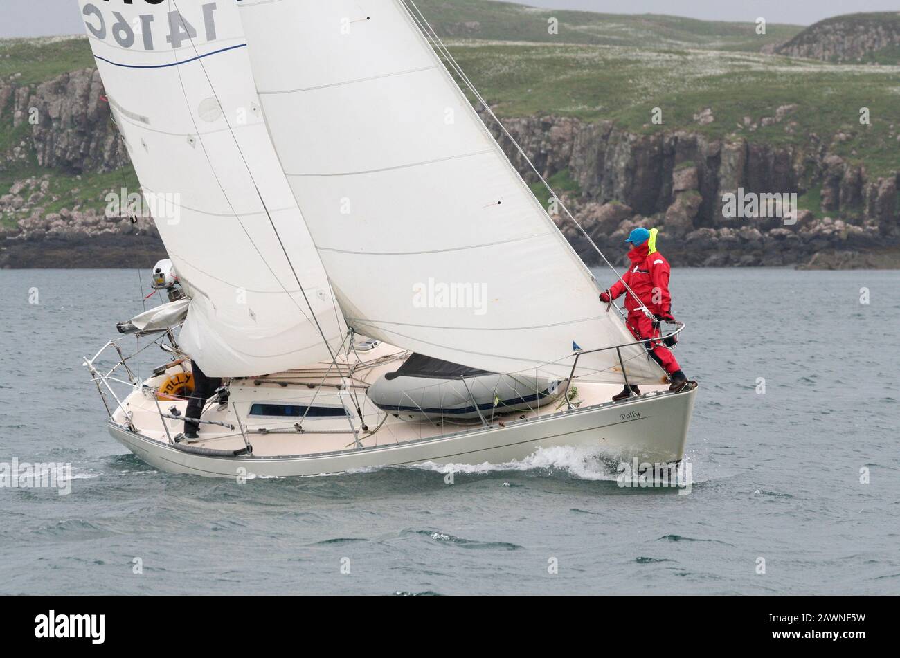 Sigma sailing yacht arriving in Canna Harbour, Inner Hebrides, Scotland ...