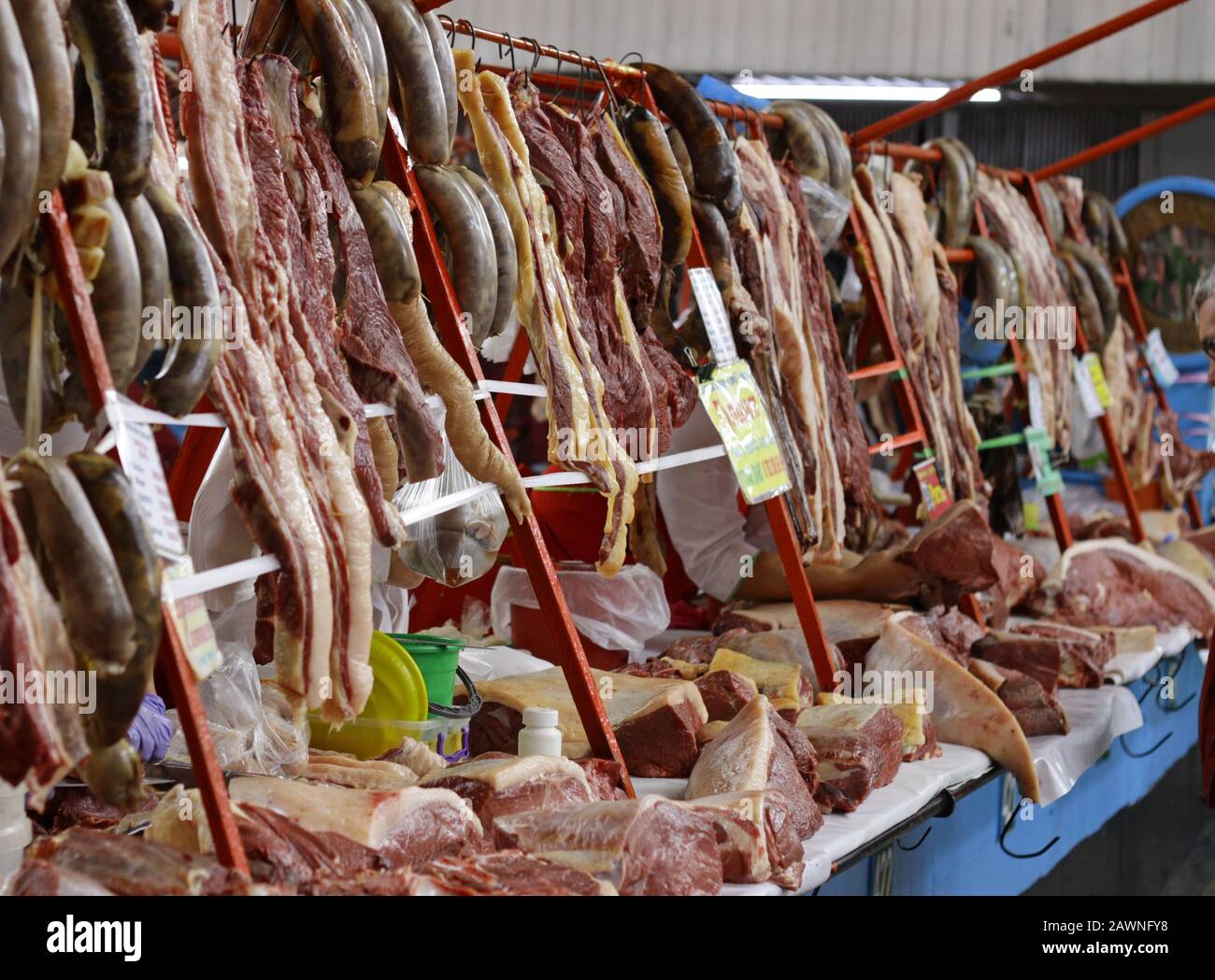 Butchers market with different types of raw meat on sale Stock Photo ...