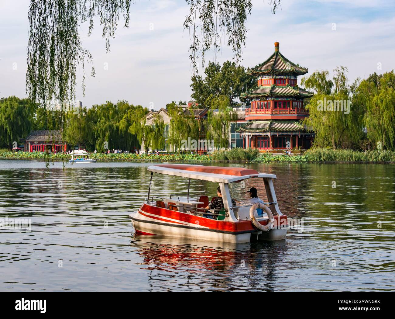 Sea View pagoda building and pedal boat, Houhai Imperial Lake, Xi Cheng ...