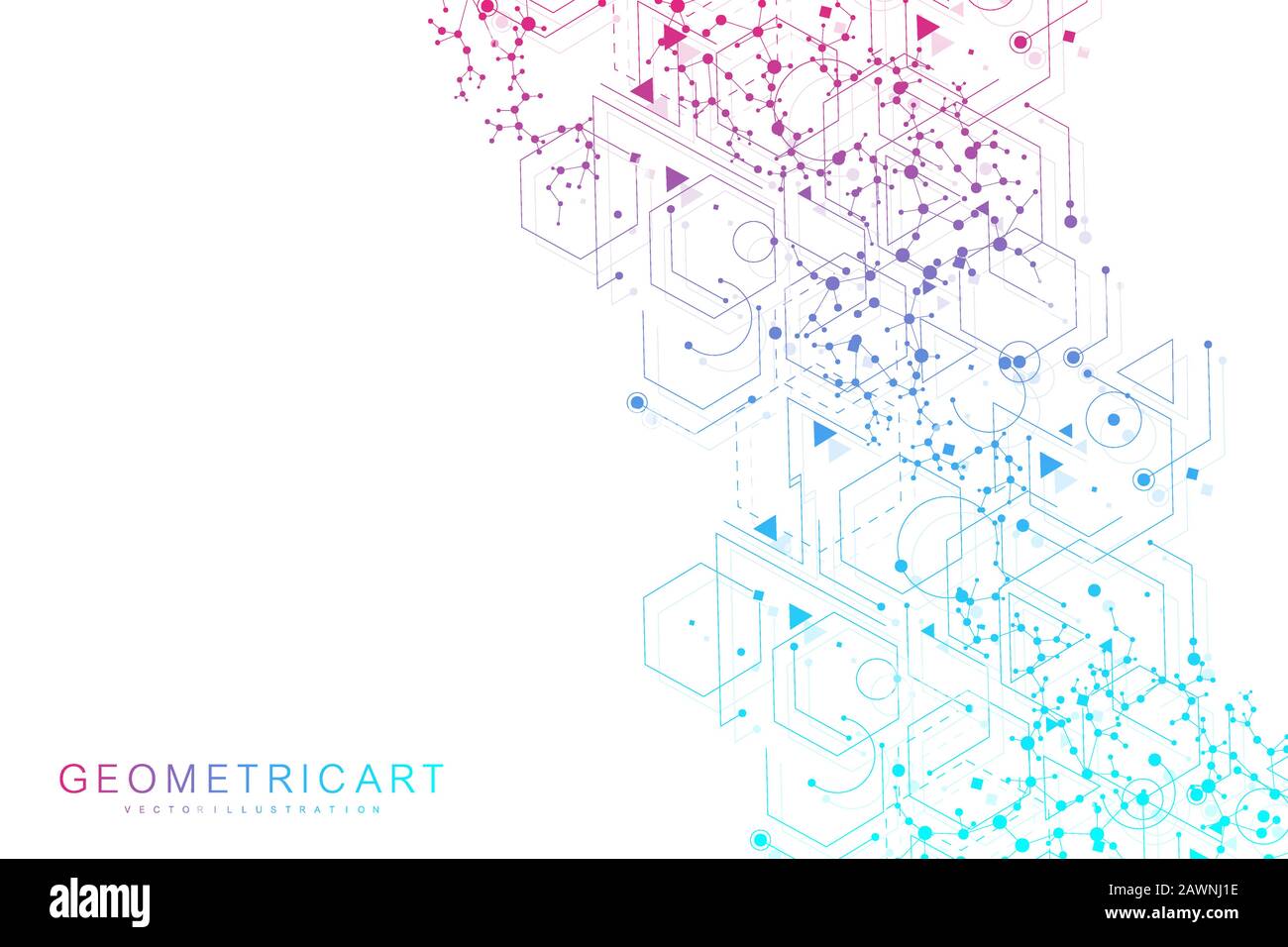 Science network pattern, connecting lines and dots. Technology hexagons structure or molecular ...