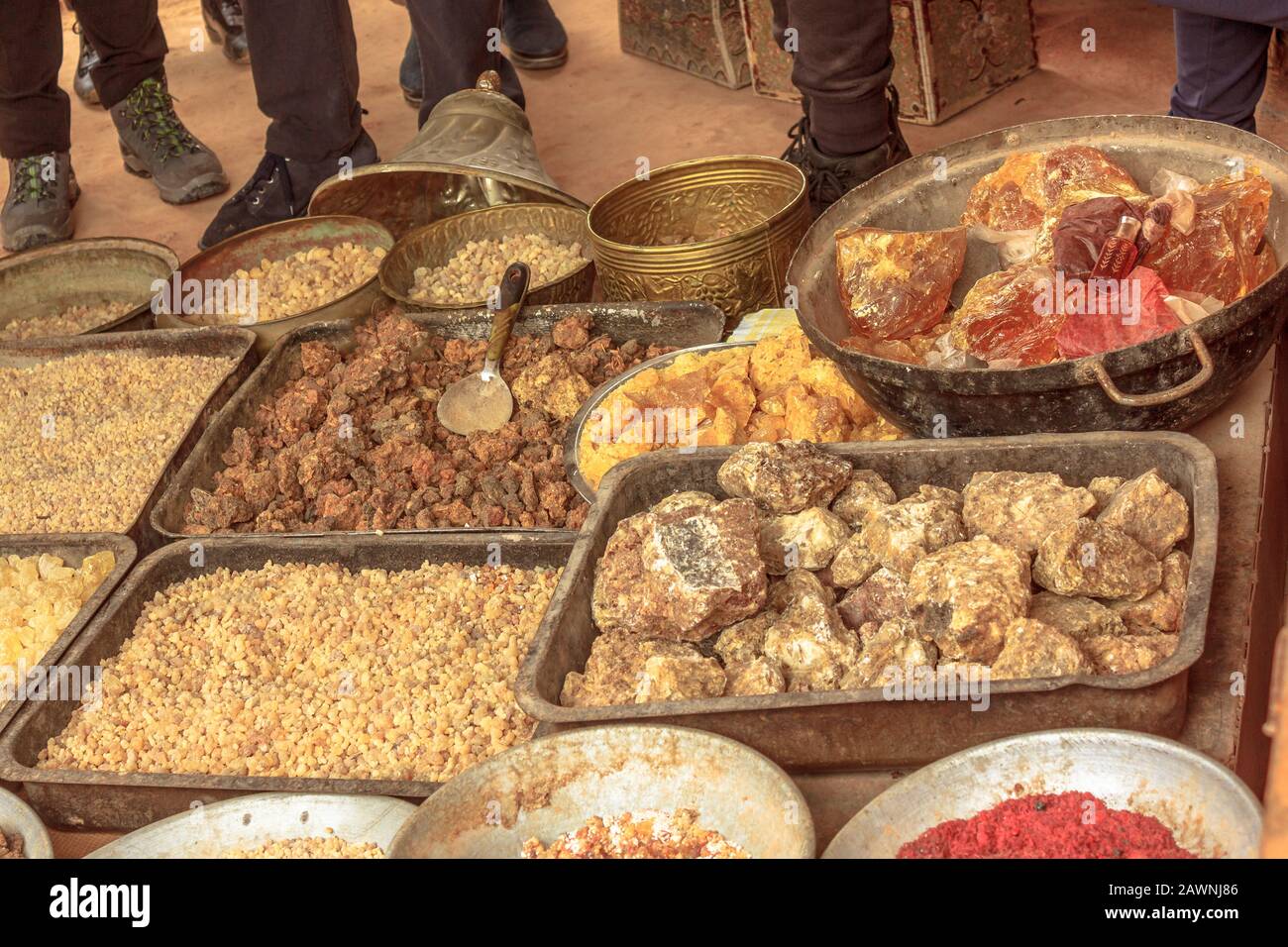 Closeup of sale of incense, stones, aromatic herbs and spices in ...
