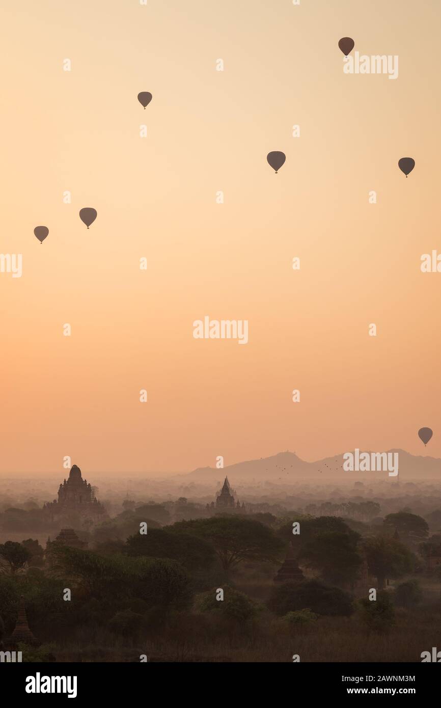 Beautiful view of hot-air balloons over temples and pagodas at the ...