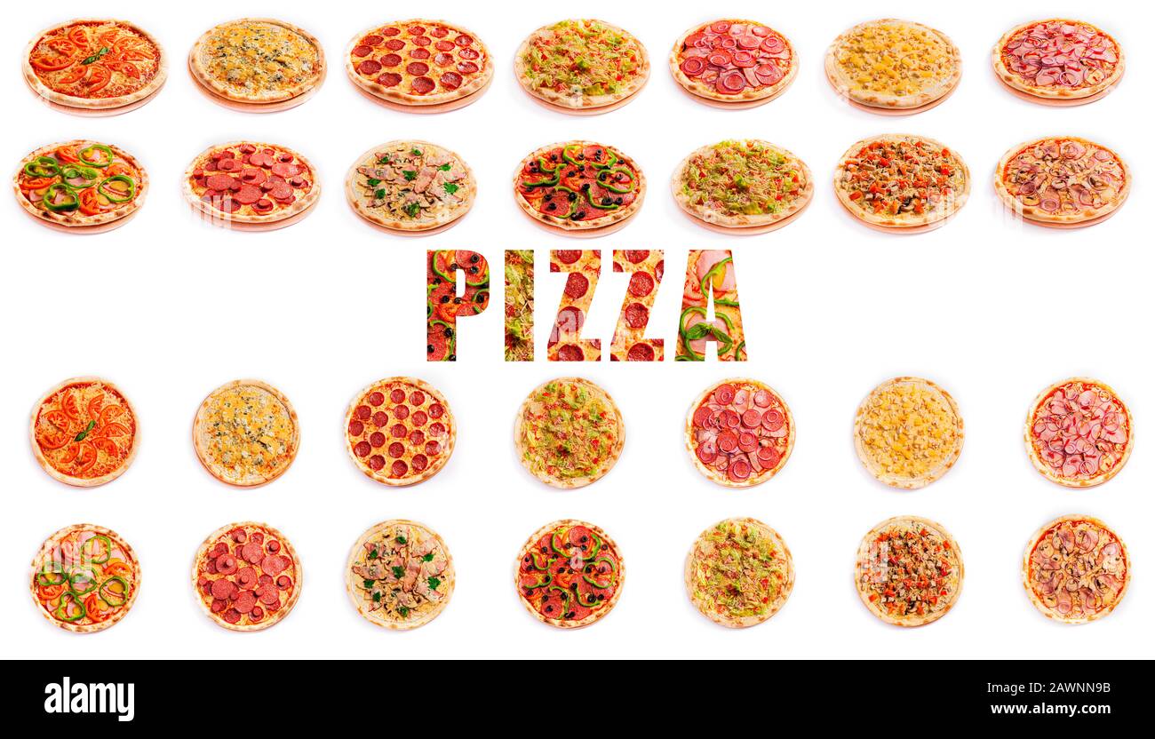 Set of pizza isolated on white background and the textured word "PIZZA ...