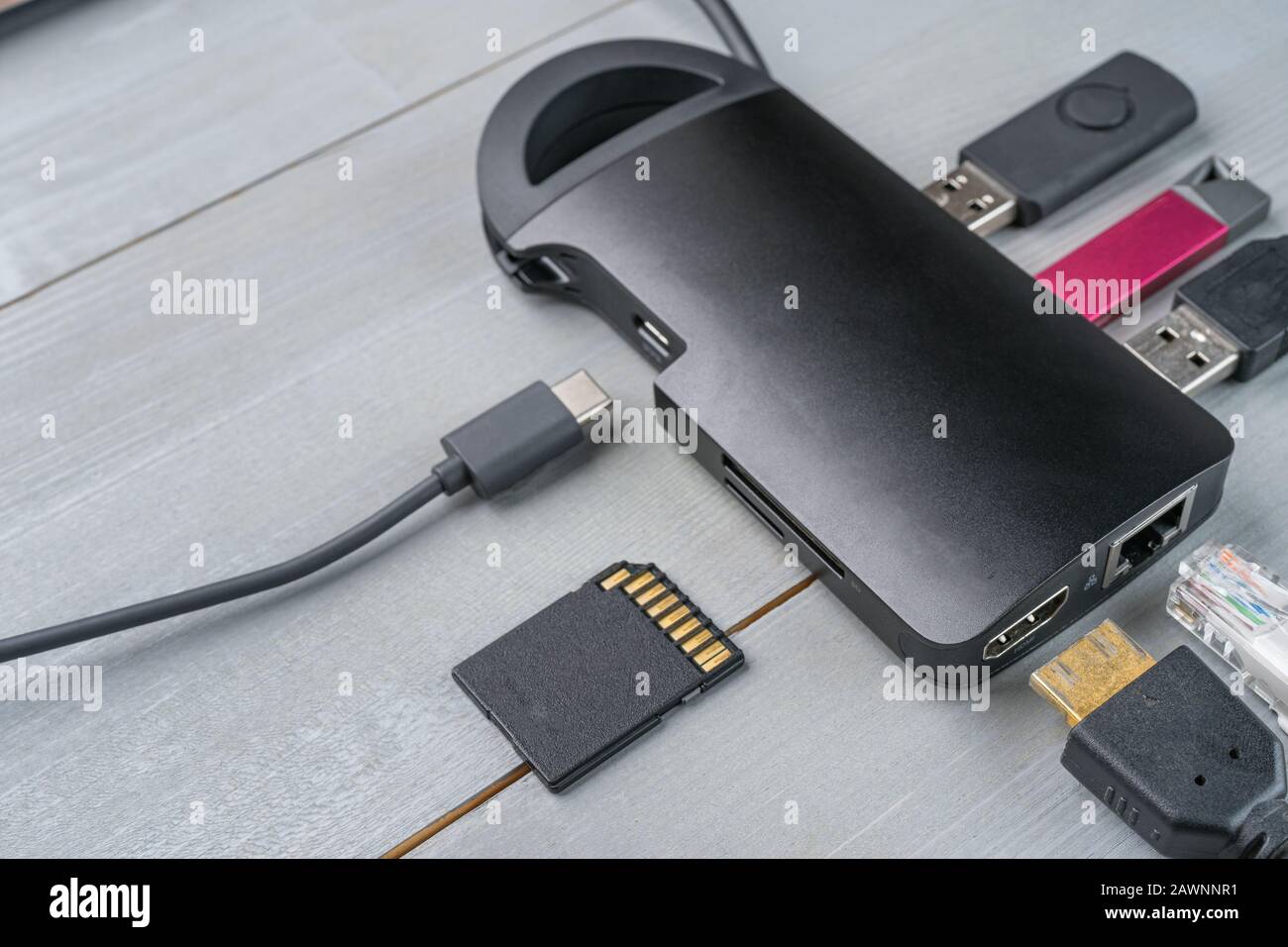 USB Type C adapter or hub with various accessories - pendrives, hdmi ...