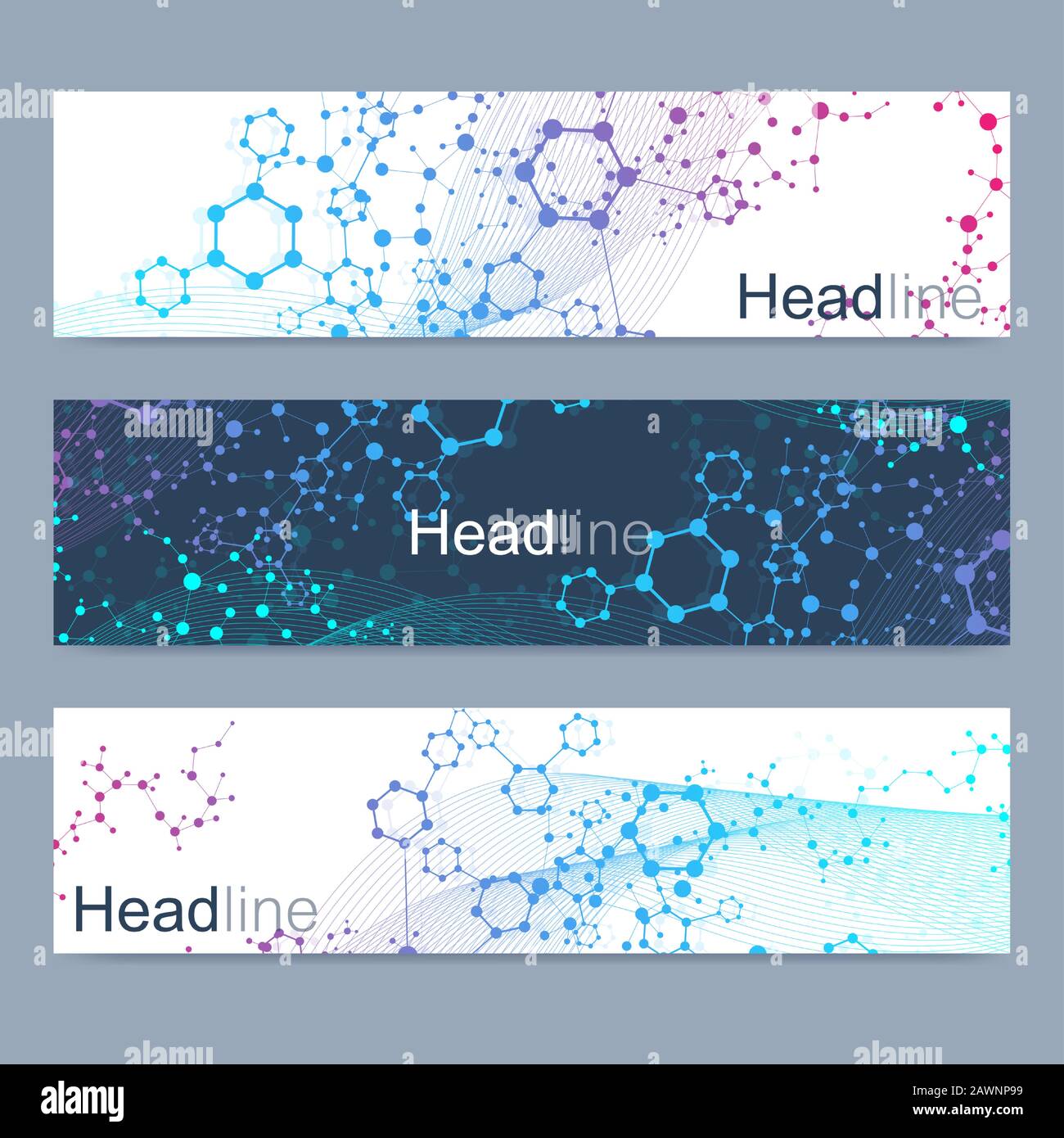 Scientific set of modern vector banners. DNA molecule structure with ...