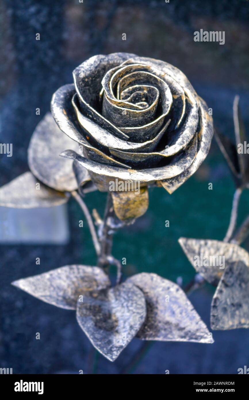 Old metallic rose flower on cemetery as sign of memory. Iron forge rose ...
