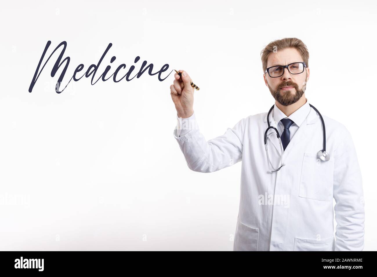 Brown-haired MD Writing the Medicine Word in Air Stock Photo - Alamy