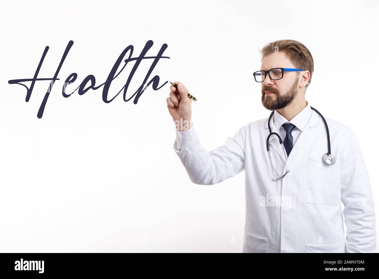 Pensive Doctor Writing the Health Word in Air Stock Photo - Alamy