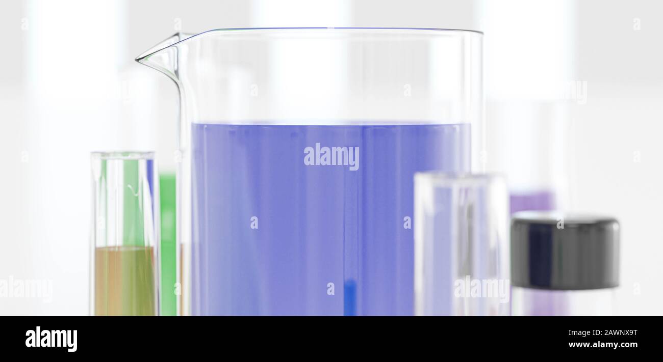 Scientific laboratory graduated cylinder and flasks full of chemical ...