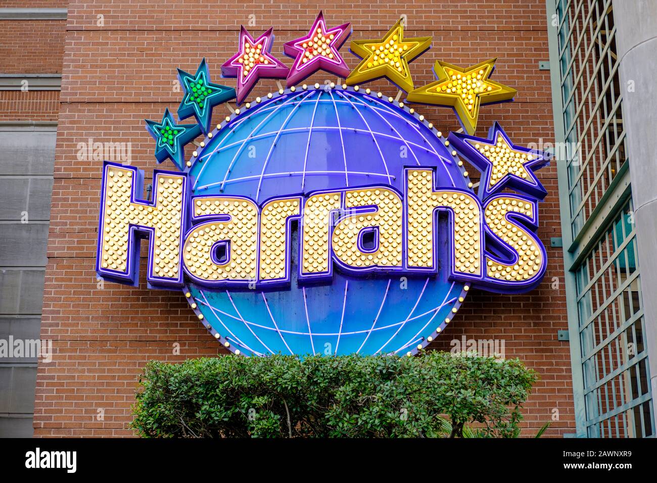 Gambling advertising, Harrah's Casino sign, logo, a Caesars ...