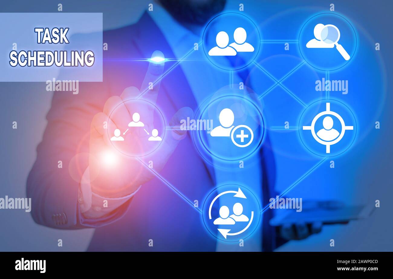 Conceptual hand writing showing Task Scheduling. Concept meaning The assignment of start and end ...