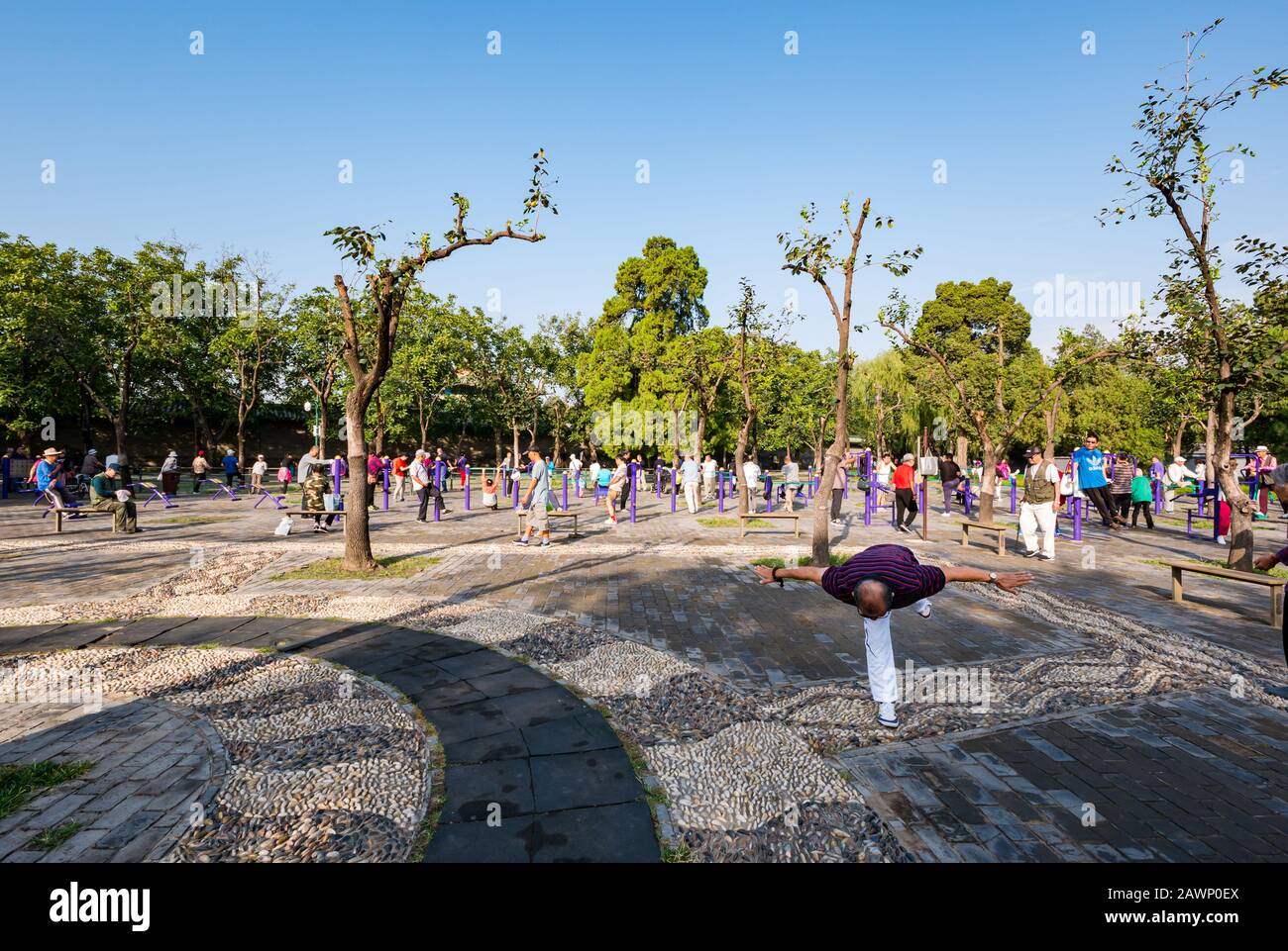 Older Chinese senior people exercising in outdoor gym, Tiantan Park ...