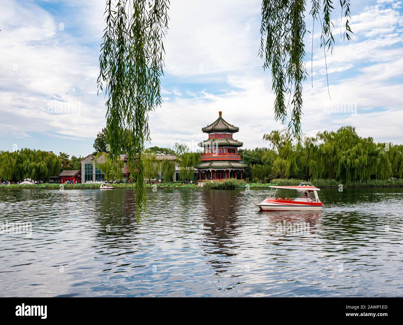 Sea View pagoda building and pedal boat, Houhai Imperial Lake, Xi Cheng ...