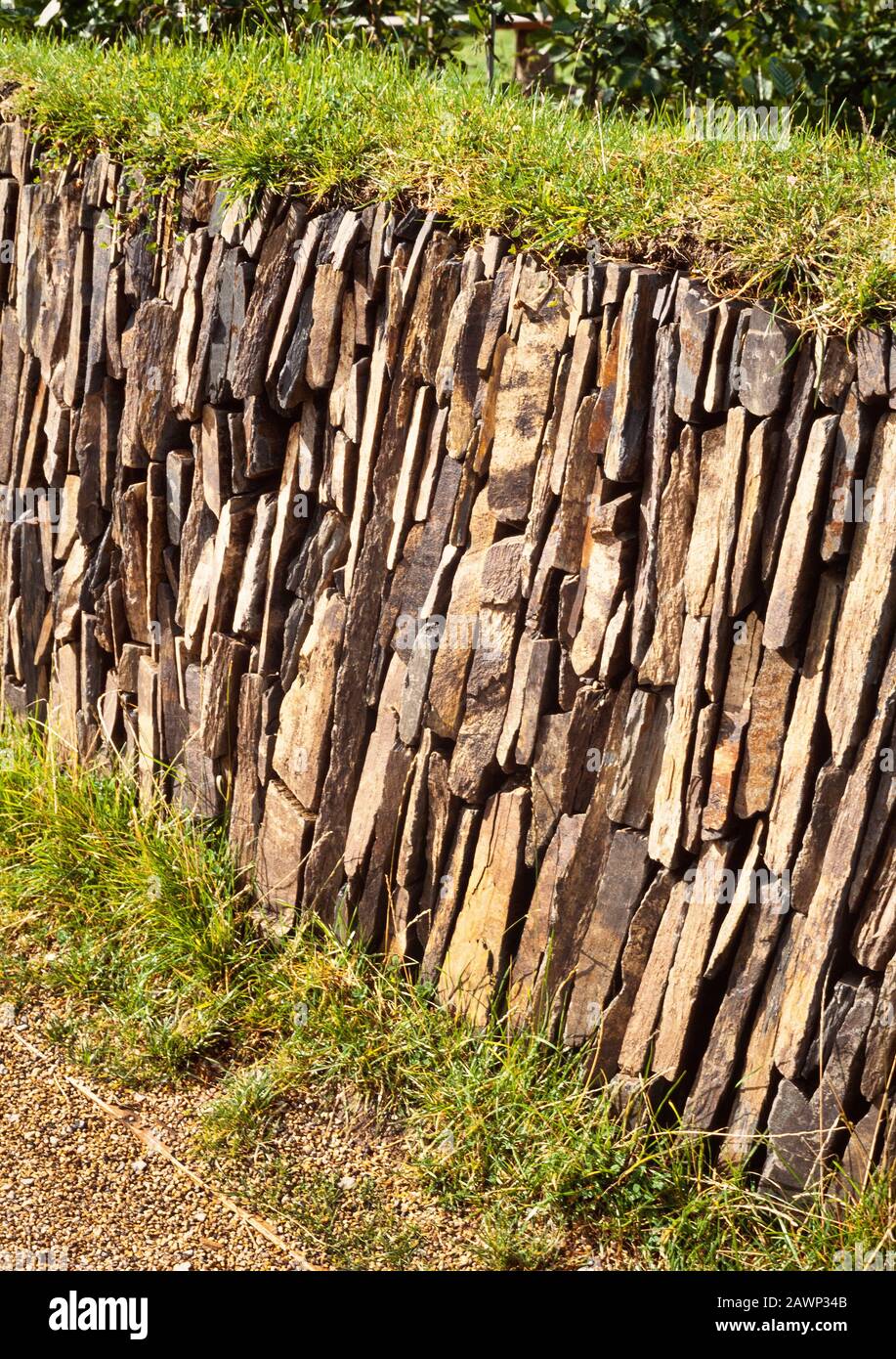 Dry stone walling, UK. Freshly laid stones, vertically laid, modern ...