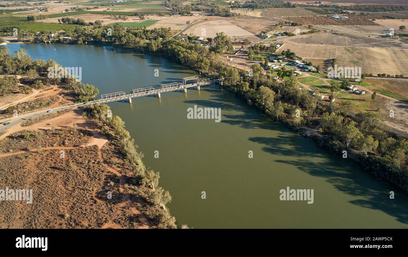 Aerial image of Murray River bridge at Curlwaa, photographed from the ...