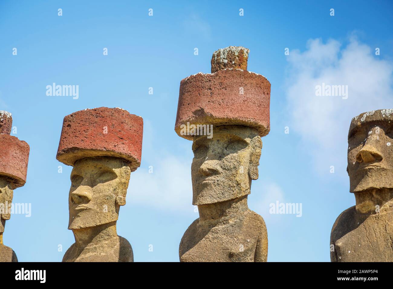 View of the heads of restored moai with red scoria topknots standing on ...
