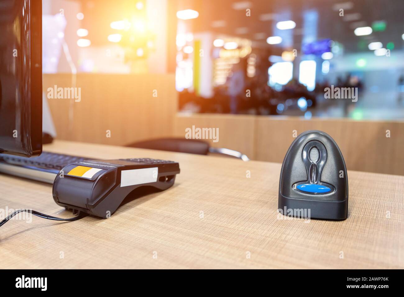 Emty cashier desk counter POS terminal with barcode scanner, receipt ... Emty cashier desk counter POS terminal with barcode scanner, receipt ...