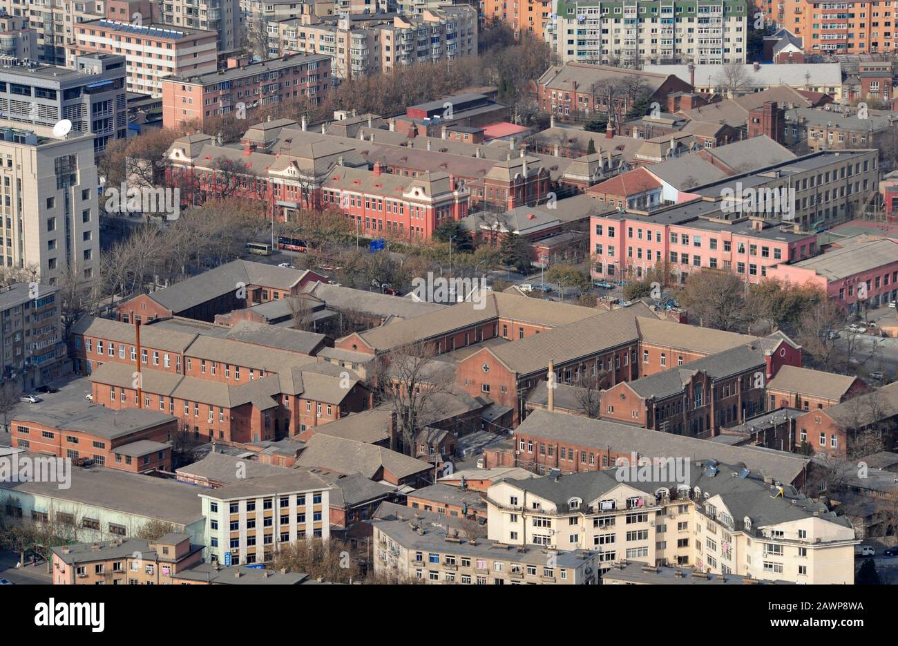 Older buildings in Dalian, Liaoning province, China seen from above ...