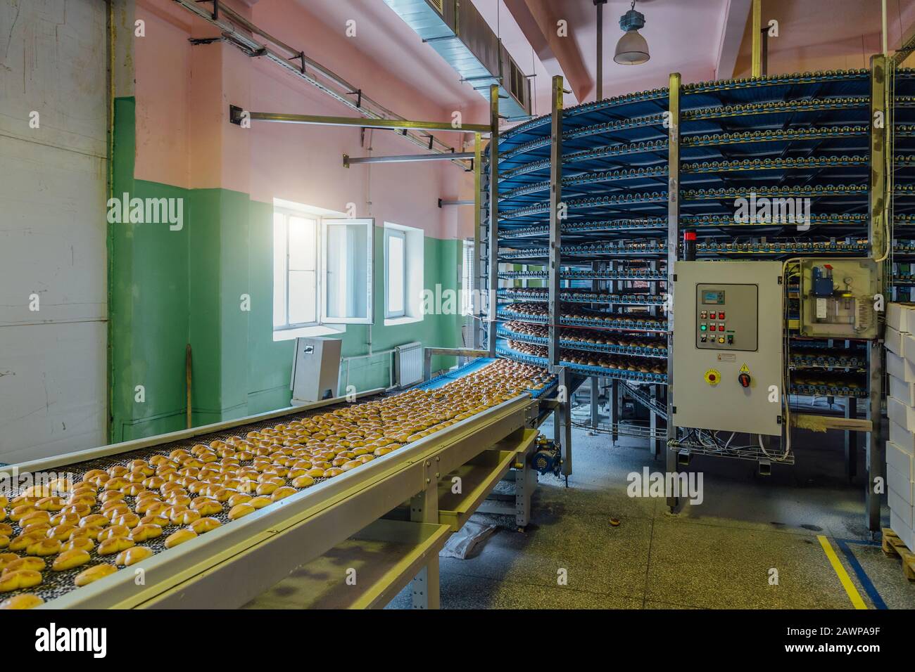 Automated round conveyor machine in bakery food factory, cookies and ...