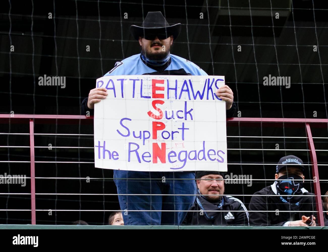 Arlington, Texas, USA. 9th Feb, 2020. Dallas Renegades fan holds up a ...