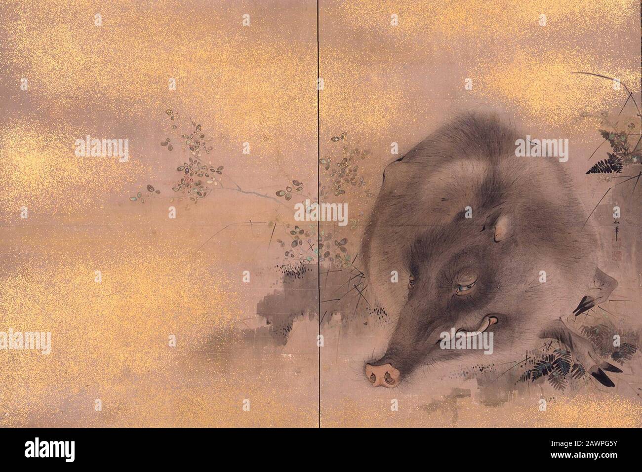 Folding screens of Inoshishi-zu (portion) by Mori Sosen Stock Photo - Alamy