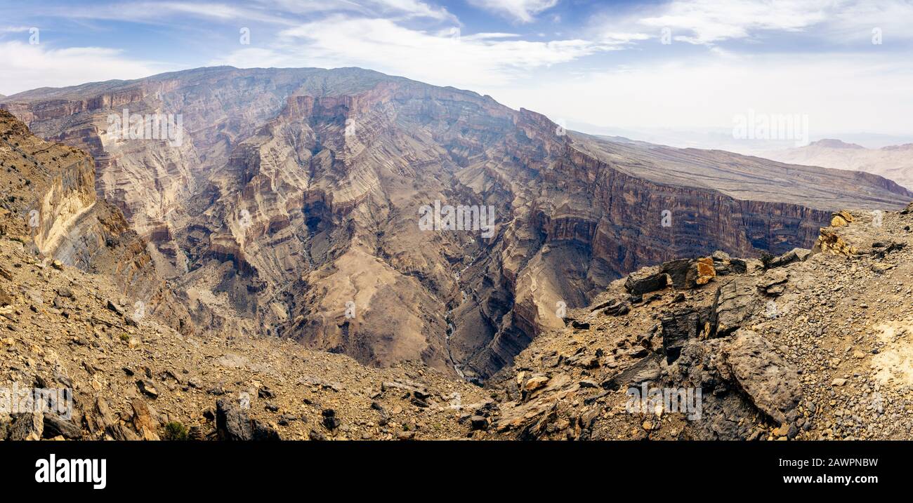 Panoramic view of Wadi Ghul aka Grand Canyon of Arabia in Jebel Shams ...