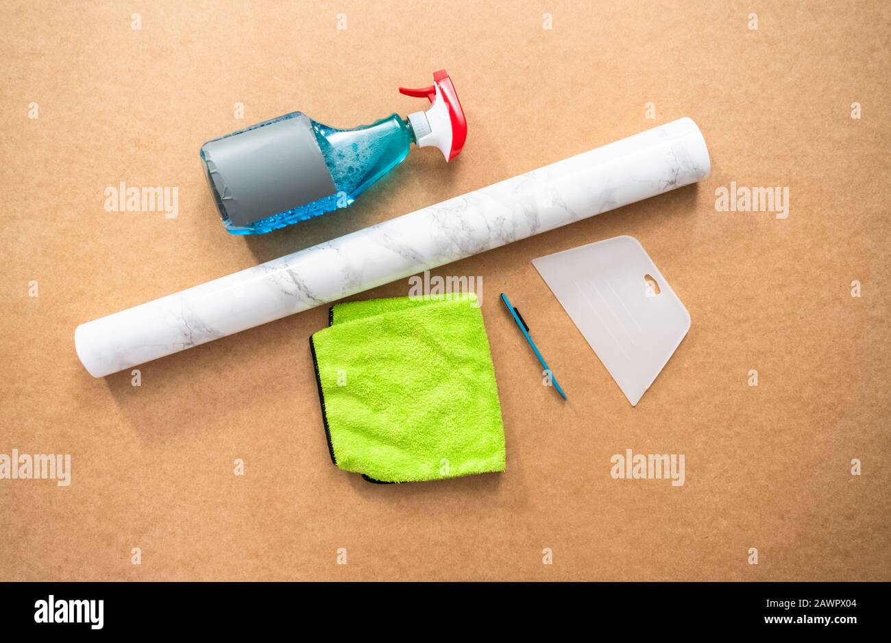 Flat lay. Making marble board with adhesive paper for food photography ...