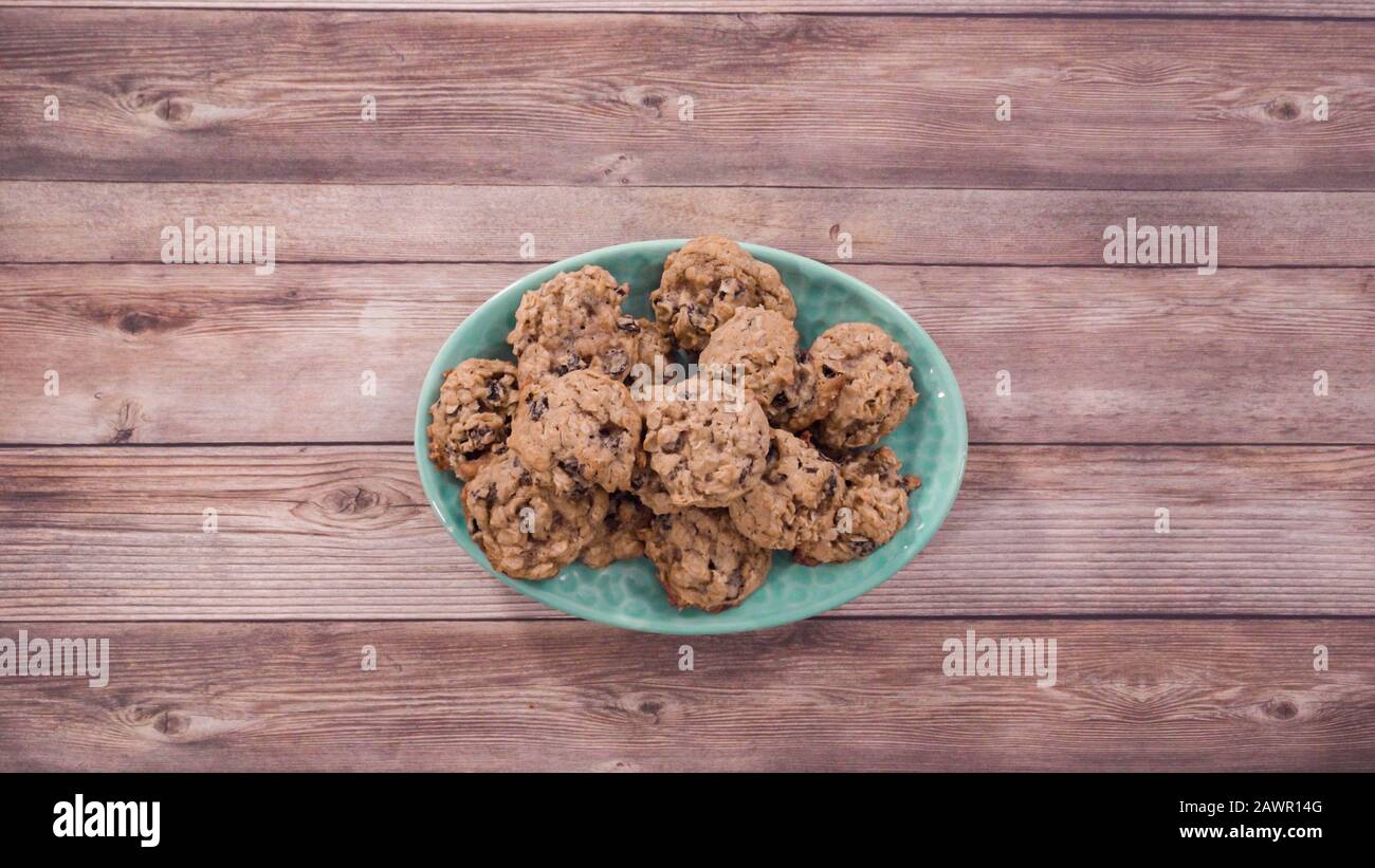 Flat lay. Step by step. Freshly baked chewy oatmeal raising cookies ...