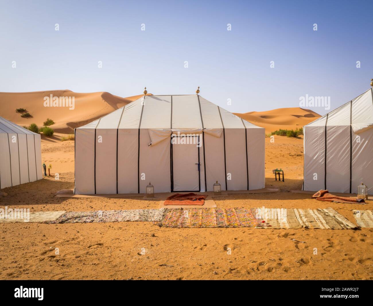 White Berber tents in the Sahara Desert, Morocco with carpets on the ...