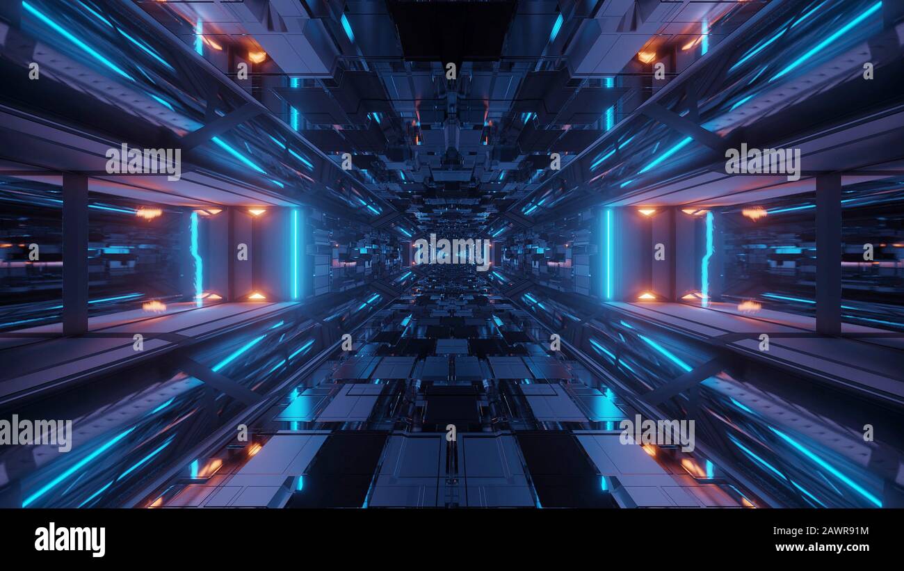 Futuristic sci-fi space tunnel passageway with glowing shiny lights ...