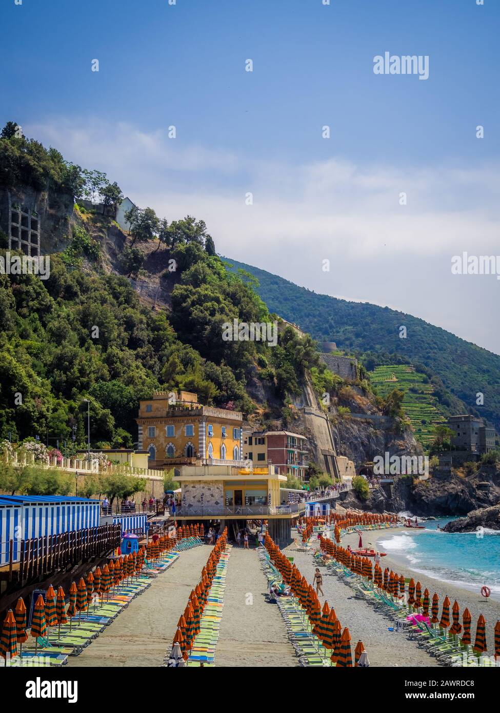 MONTEROSSO, ITALY - Jul 07, 2019: The sea and sandy beach Spiaggia di ...