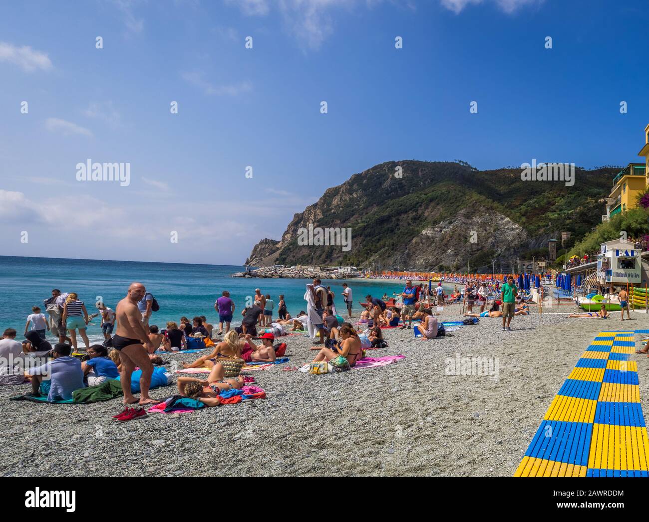 MONTEROSSO, ITALY - Jul 07, 2019: The sea and sandy beach Spiaggia di ...