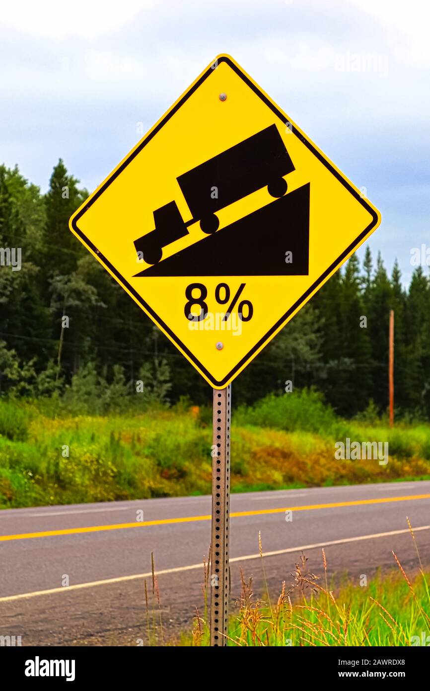 An eight percent hill grade sign warning Stock Photo - Alamy