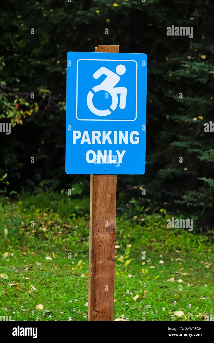A blue handicap parking only sign on a post Stock Photo - Alamy