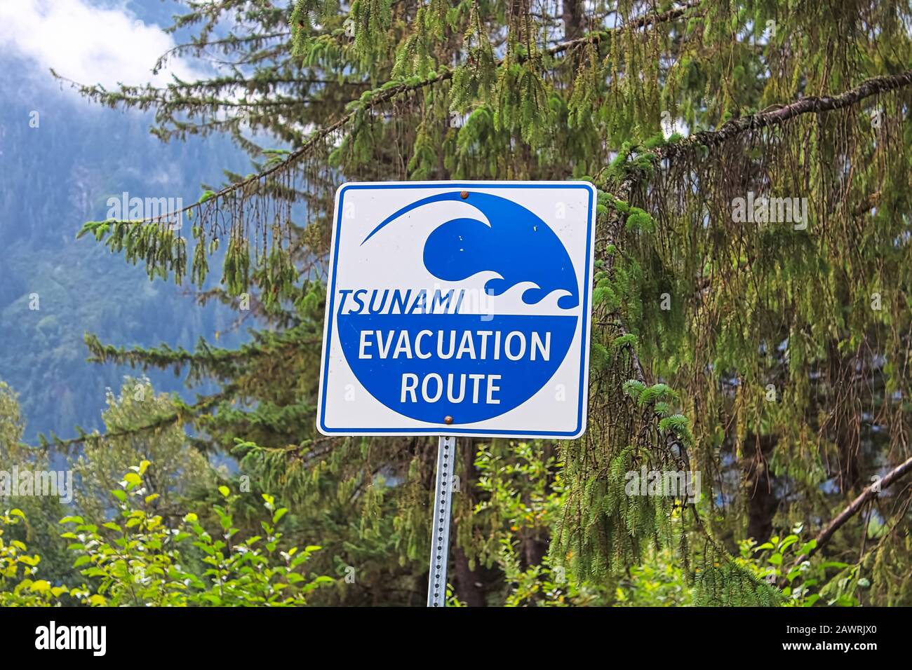 A blue tsunami evacuation route direction sign Stock Photo - Alamy