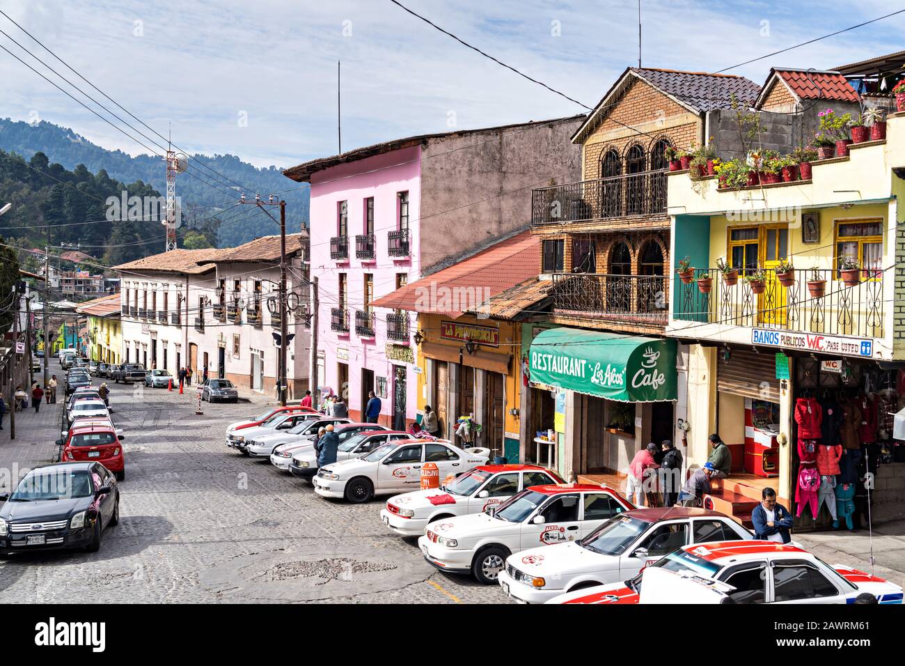 View down Nacional Street in Angangueo, Michoacan, Mexico. Angangueo is ...