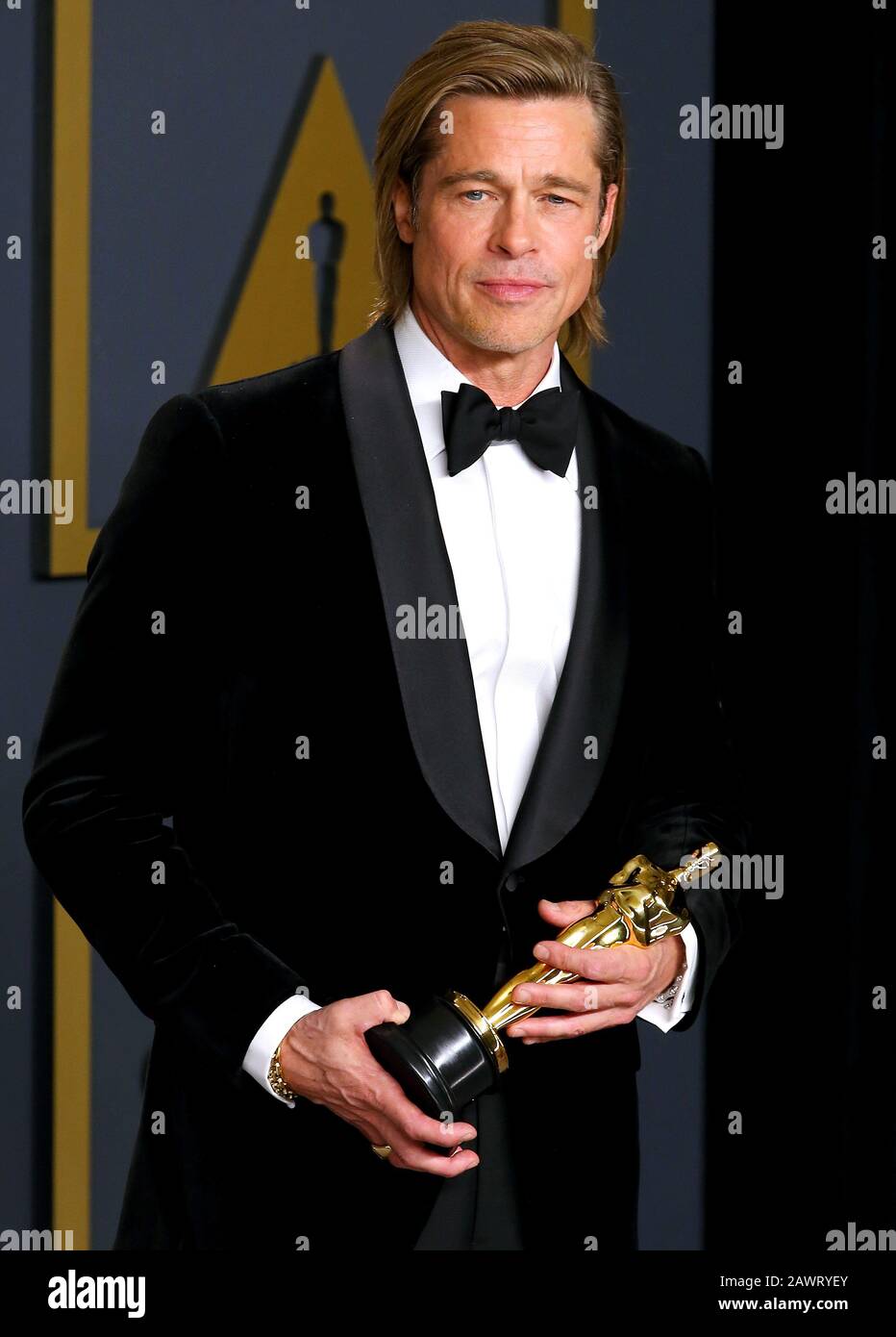 HOLLYWOOD, CA - FEBRUARY 9: Brad Pitt poses in the press room during ...