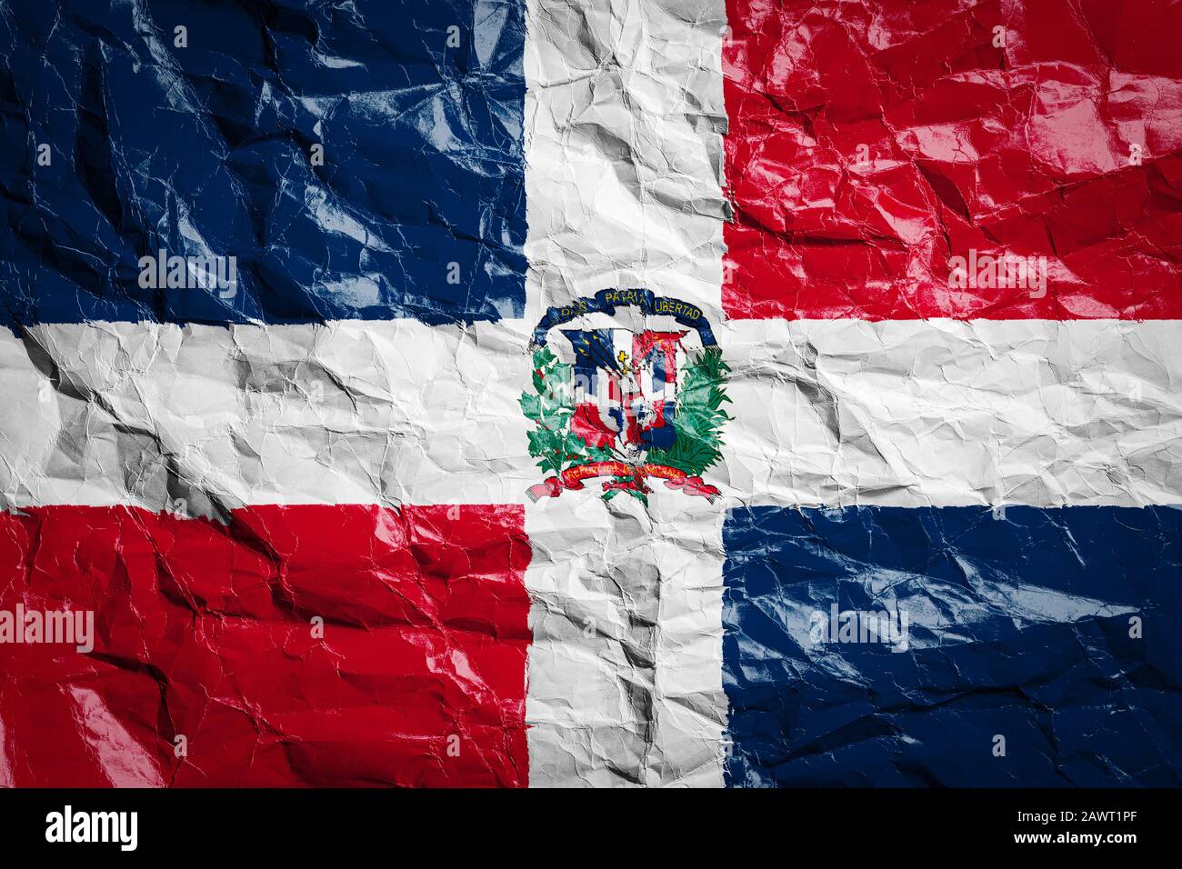 National flag of Dominicana on crumpled paper. Flag printed on a sheet ...